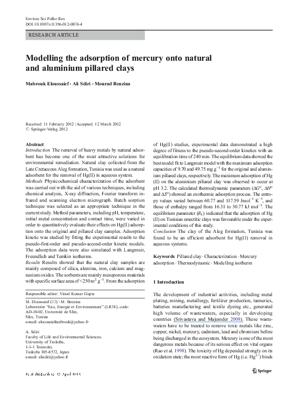 (PDF) Modelling the adsorption of mercury onto natural and aluminium pillared clays