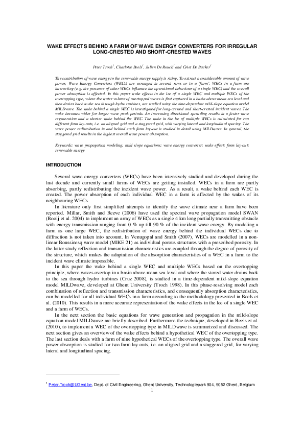 Pdf Wake Effects Behind A Farm Of Wave Energy Converters For Irregular Long Crested And Short