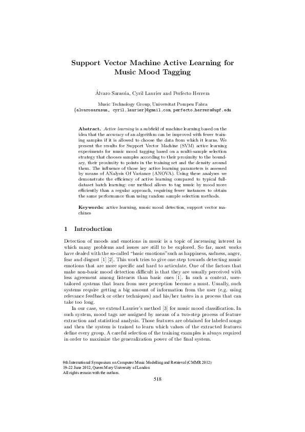 (PDF) Support vector machine active learning for music retrieval