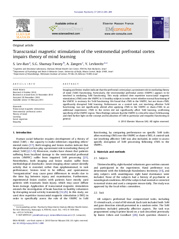 (PDF) Transcranial magnetic stimulation of the ventromedial prefrontal cortex impairs theory of ...