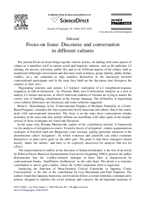 (PDF) Focus-on Issue: Discourse and conversation in different cultures ...