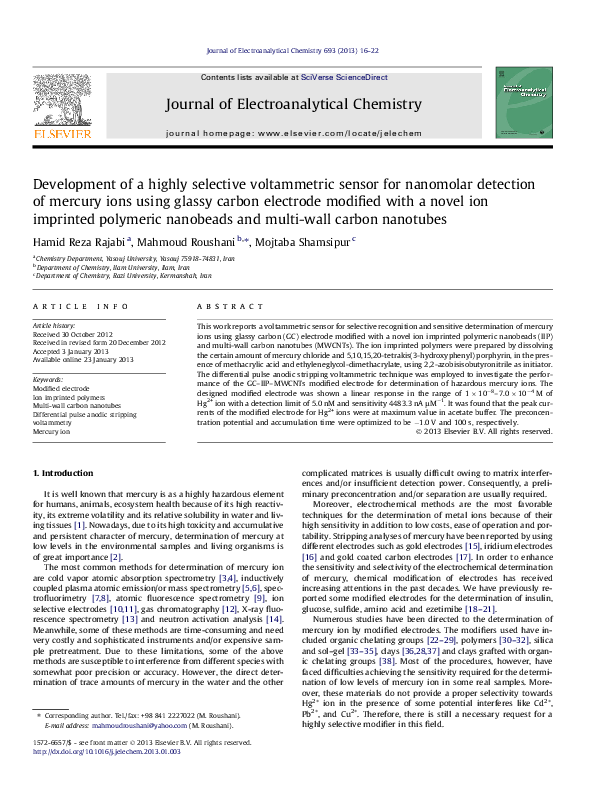 Pdf Development Of A Highly Selective Voltammetric Sensor For Nanomolar Detection Of Mercury