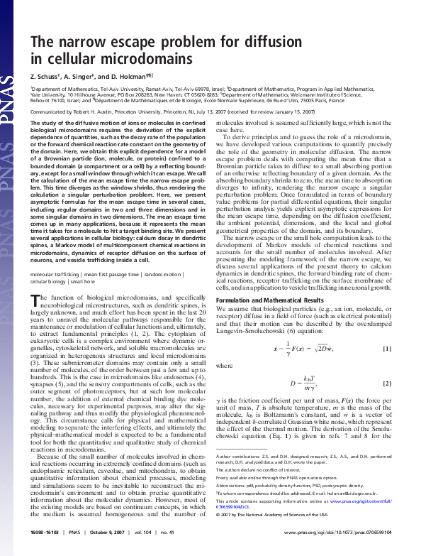 (PDF) The narrow escape problem for diffusion in cellular microdomains