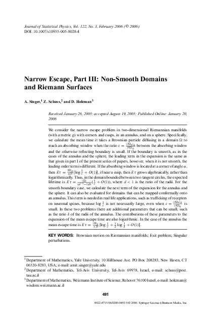 (PDF) Narrow Escape, Part III: Non-Smooth Domains and Riemann Surfaces