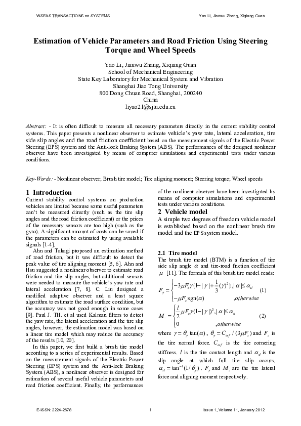(PDF) Estimation of Vehicle Parameters and Road Friction Using Steering Torque and Wheel Speeds