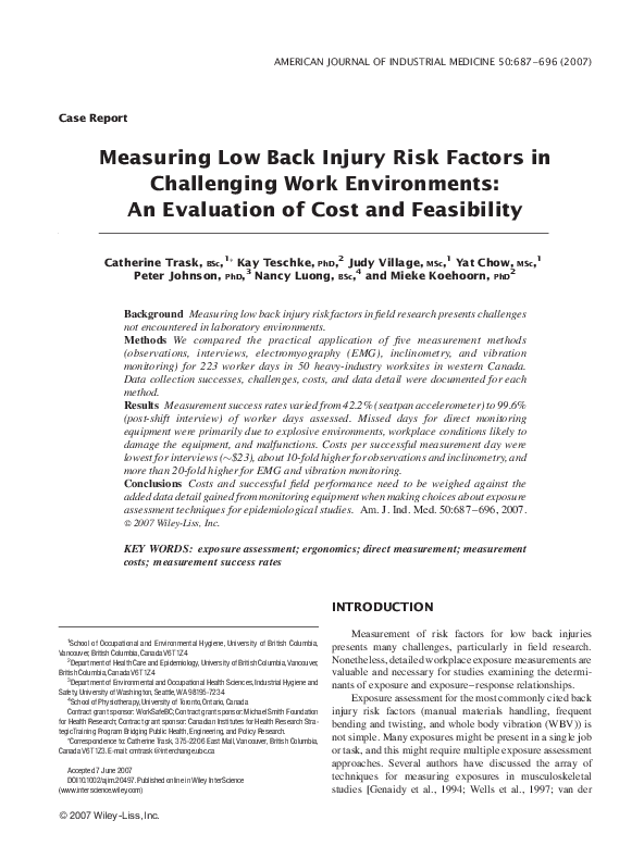 (PDF) Measuring low back injury risk factors in challenging work ...