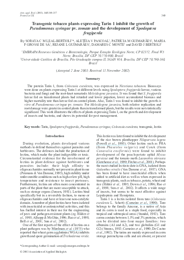 (PDF) Transgenic tobacco plants expressing Tarin 1 inhibit the growth ...