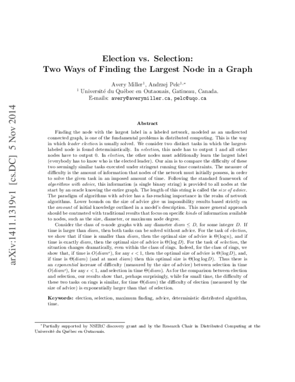 (PDF) Election vs. Selection: Two Ways of Finding the Largest Node in a Graph