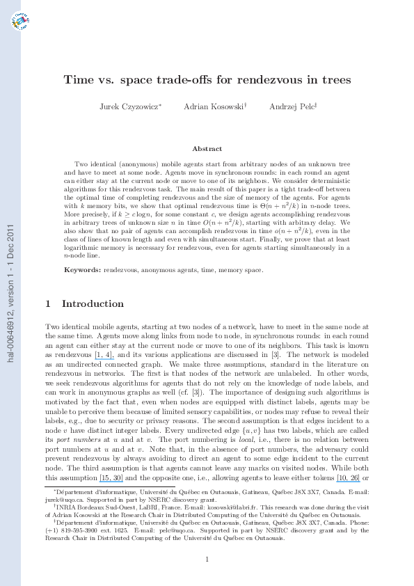 (PDF) Time vs. space trade-offs for rendezvous in trees