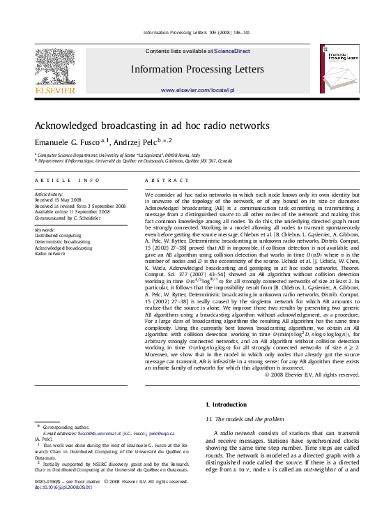 (PDF) Acknowledged broadcasting in ad hoc radio networks
