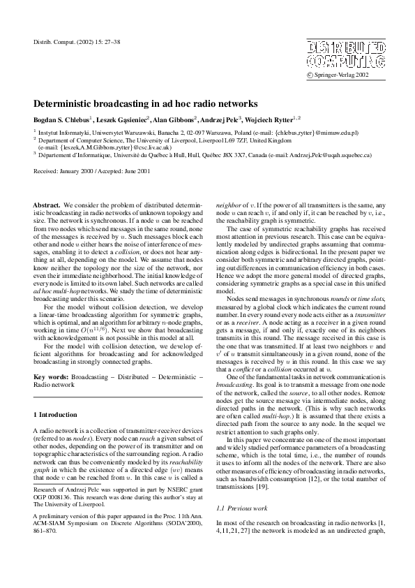 Pdf Deterministic Broadcasting In Ad Hoc Radio Networks