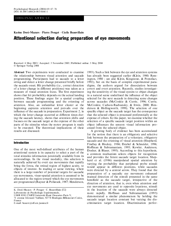 (PDF) Attentional selection during preparation of eye movements