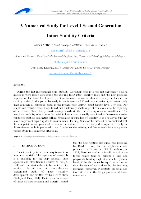 (PDF) A Numerical Study for Level 1 Second Generation Intact Stability Criteria