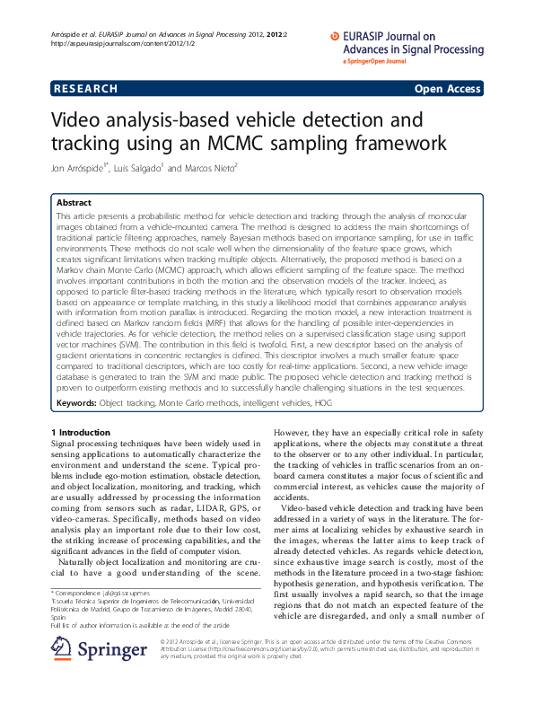 Pdf Video Analysis Based Vehicle Detection And Tracking Using An Mcmc Sampling Framework 2423