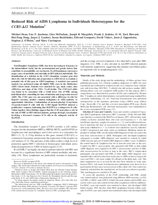 (PDF) Reduced risk of AIDS lymphoma in individuals heterozygous for the ...
