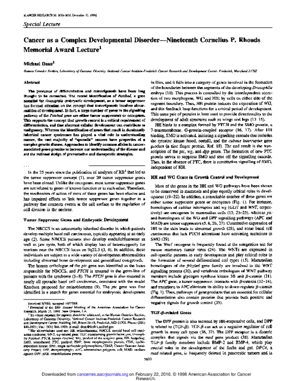 (PDF) Cancer as a complex developmental disorder--nineteenth Cornelius ...