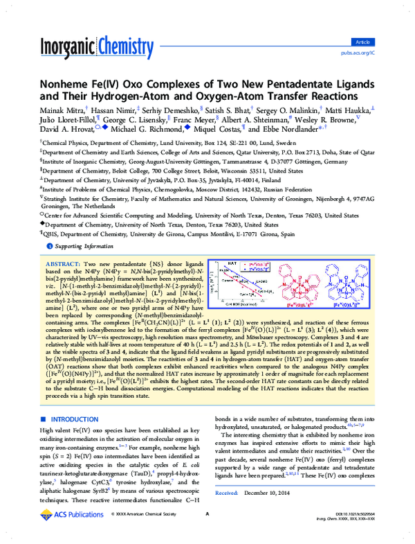 (PDF) Nonheme Fe(IV) Oxo Complexes of Two New Pentadentate Ligands and ...