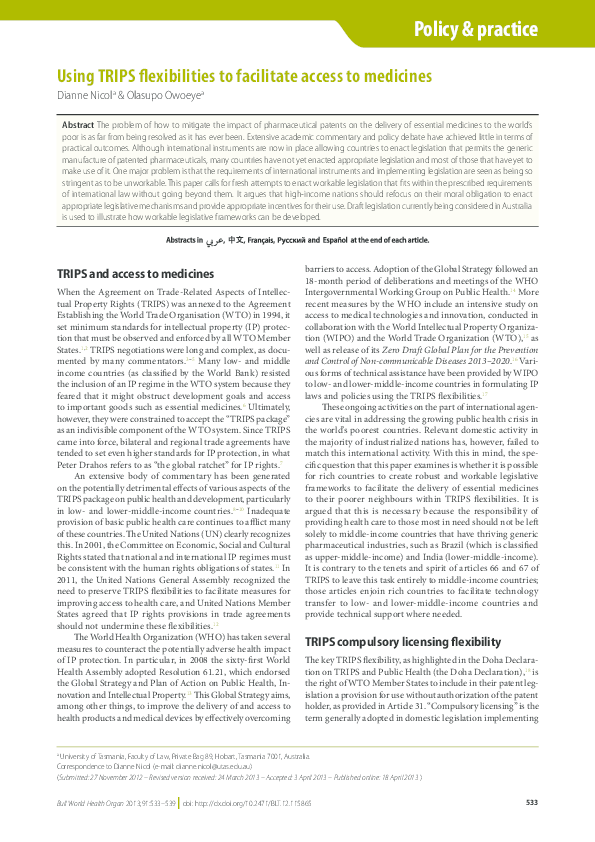 (PDF) Using TRIPS flexibilities to facilitate access to medicines
