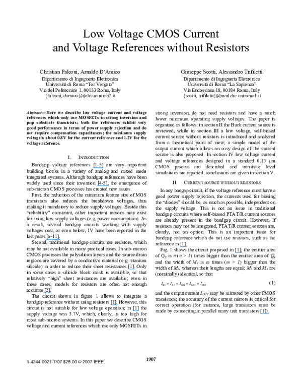 (PDF) Low Voltage CMOS Current and Voltage References without Resistors