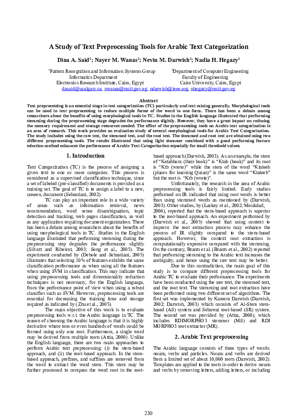 (PDF) A Study of Text Preprocessing Tools for Arabic Text Categorization