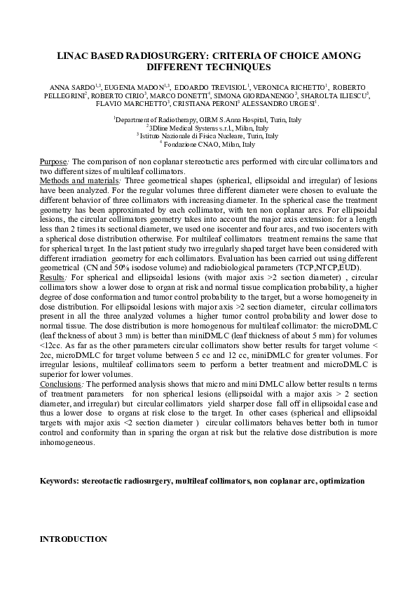(PDF) Linac Based Radiosurgery: Criteria of Choice Among Different Techniques