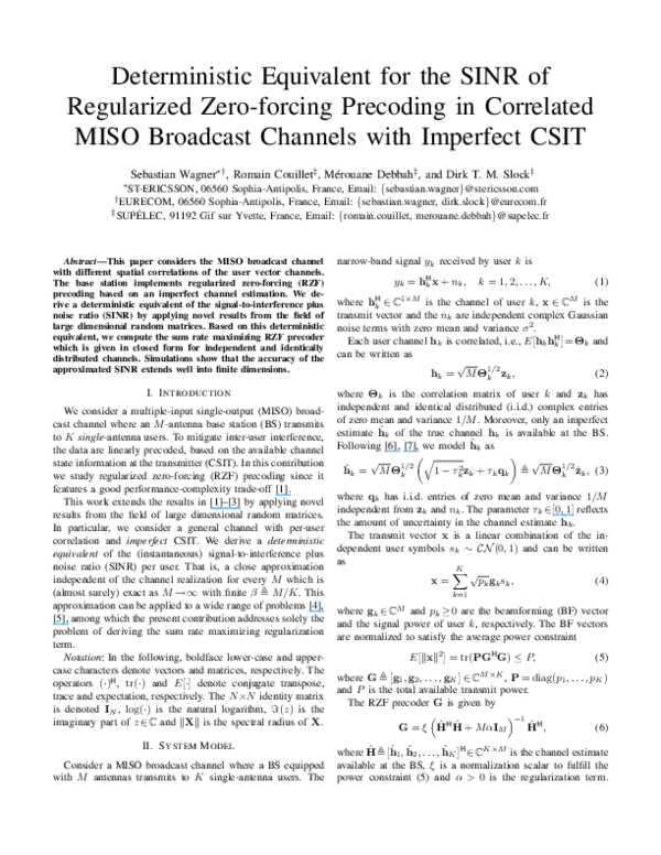 Pdf Deterministic Equivalent For The Sinr Of Regularized Zero Forcing Precoding In Correlated