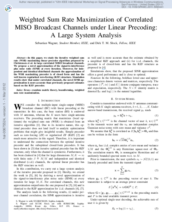 (PDF) Weighted sum rate maximization of correlated MISO broadcast channels under linear ...