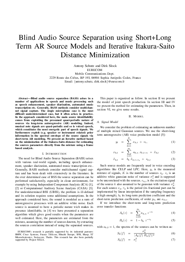 Pdf Blind Audio Source Separation Using Short Long Term Ar Source Models And Spectrum Matching