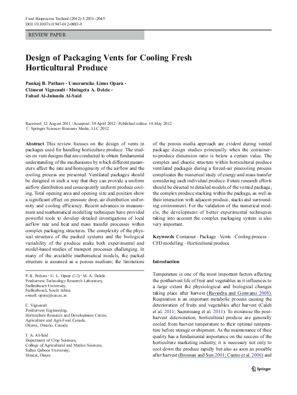 (PDF) Design of Packaging Vents for Cooling Fresh Horticultural Produce