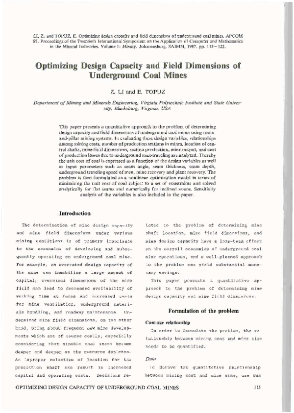 (PDF) Optimizing Design Capacity and Field Dimensions of Underground ...