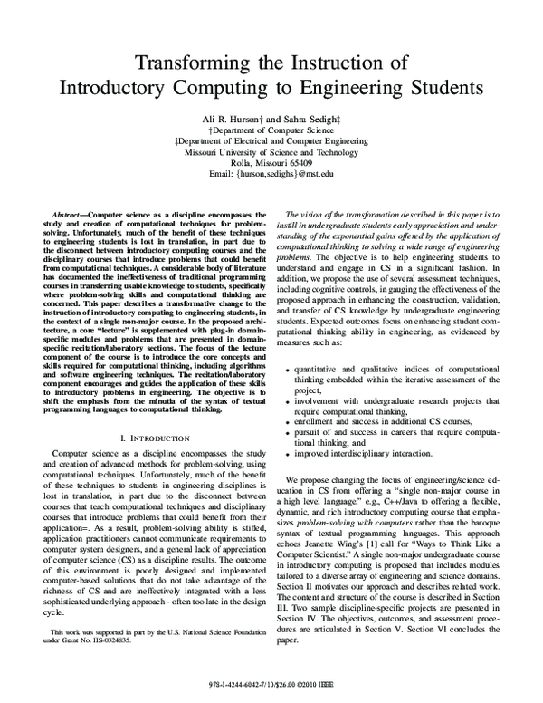 (PDF) Transforming the Instruction of Introductory Computing to ...