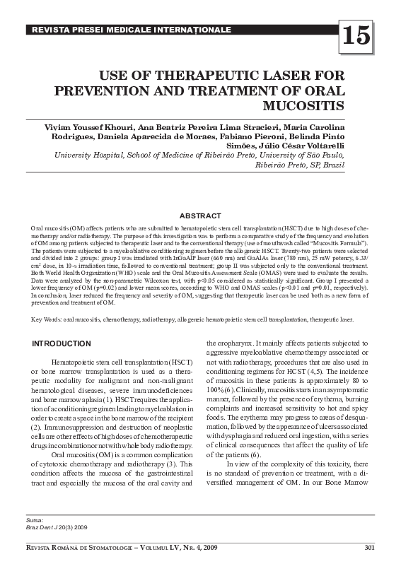 (PDF) Use of therapeutic laser for prevention and treatment of oral mucositis