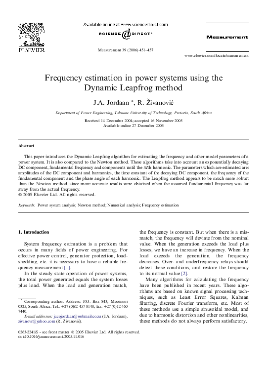 Pdf Frequency Estimation In Power Systems Using The Dynamic Leapfrog Method Jaco Jordaan