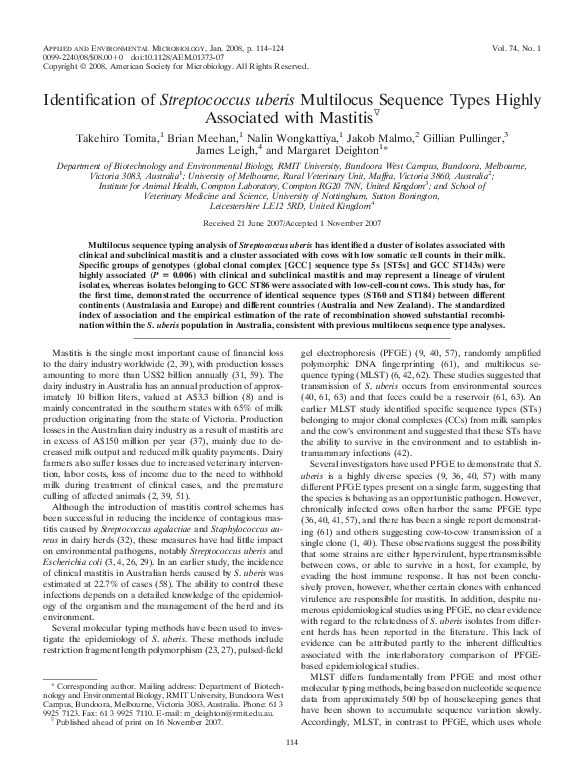(PDF) Identification of Streptococcus uberis Multilocus Sequence Types Highly Associated with ...