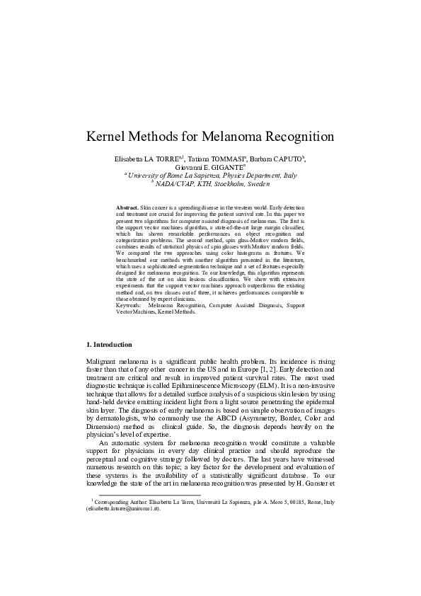 (PDF) Kernel methods for melanoma recognition