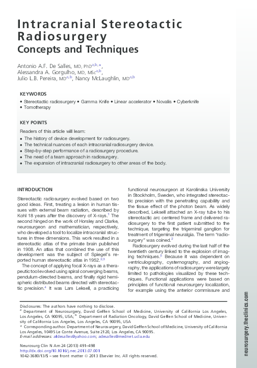 (PDF) Intracranial Stereotactic Radiosurgery Concepts and Techniques