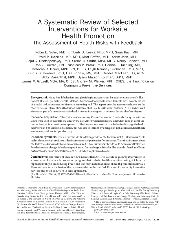 (PDF) A Systematic Review of Selected Interventions for Worksite Health Promotion