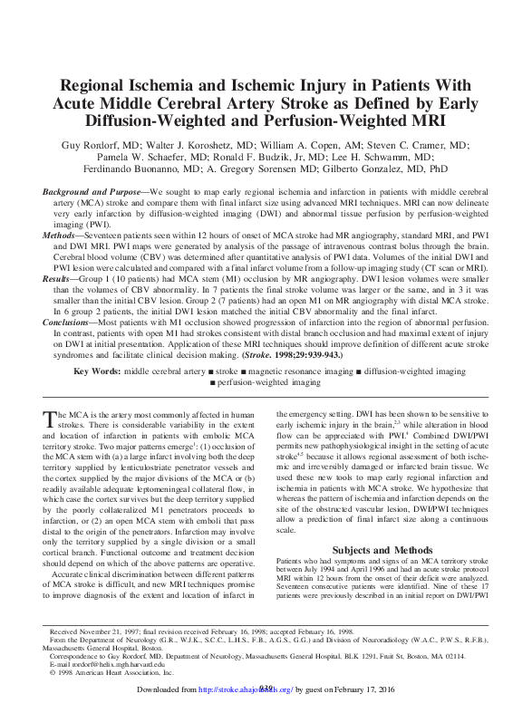(PDF) Regional Ischemia and Ischemic Injury in Patients With Acute Middle Cerebral Artery Stroke ...