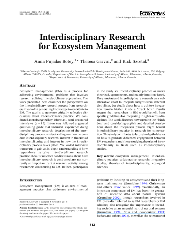 (PDF) Interdisciplinary Research for Ecosystem Management