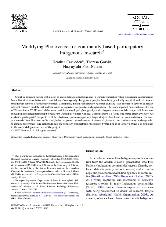 (PDF) Modifying Photovoice for community-based participatory Indigenous ...