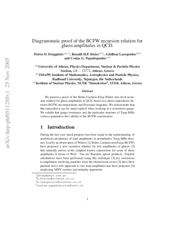 (PDF) Diagrammatic proof of the BCFW recursion relation for gluon amplitudes in QCD