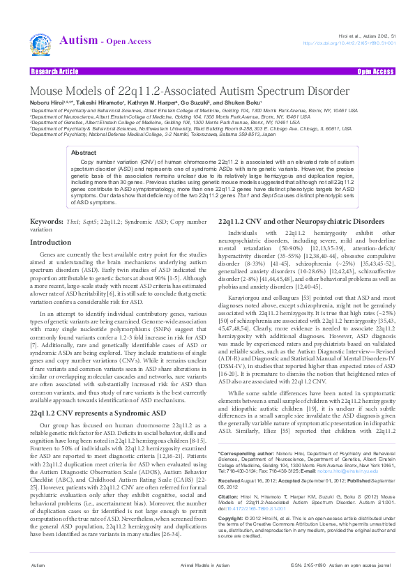 (PDF) Mouse Models of 22q11.2-Associated Autism Spectrum Disorder