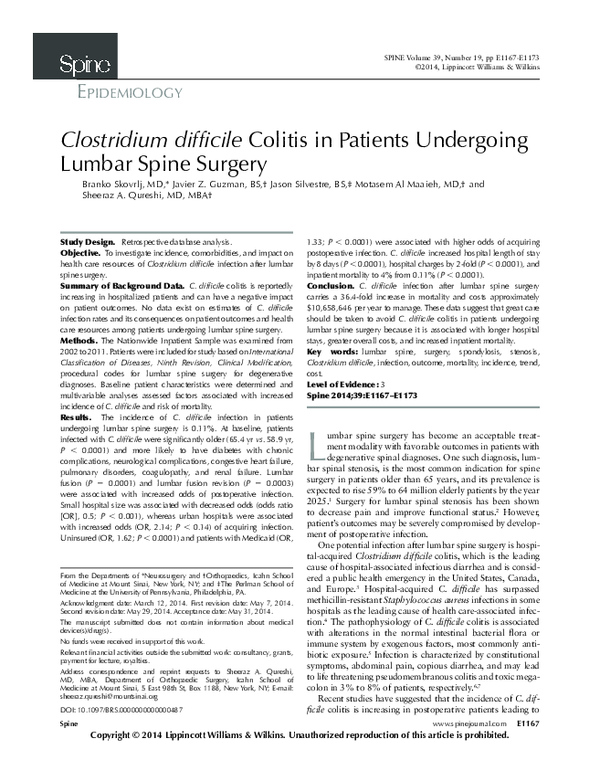 (PDF) Clostridium difficile Colitis in Patients Undergoing Lumbar Spine ...