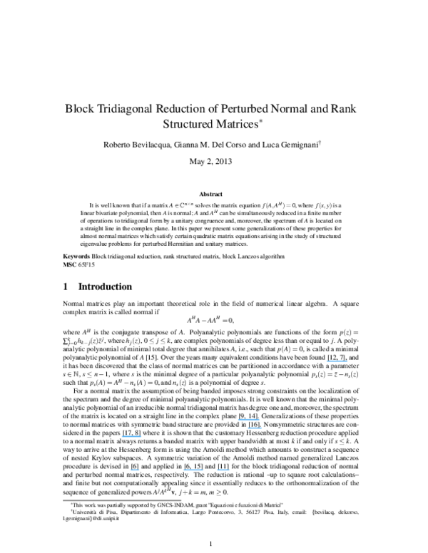 (PDF) Block tridiagonal reduction of perturbed normal and rank structured matrices