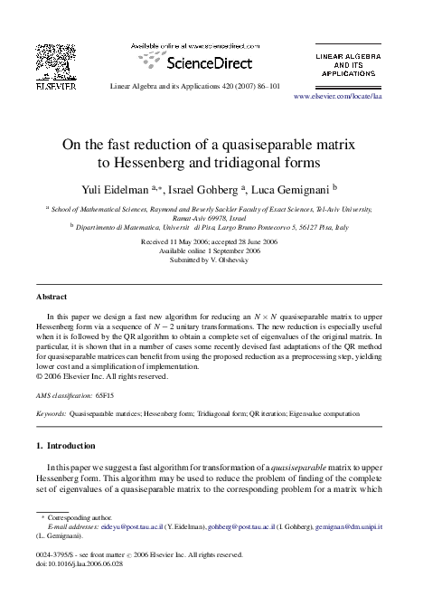 (PDF) On the fast reduction of a quasiseparable matrix to Hessenberg and tridiagonal forms