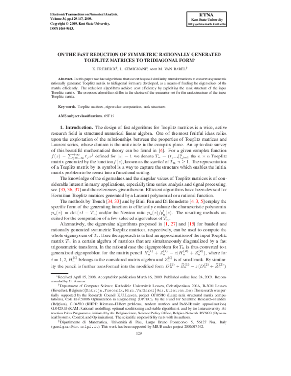 Pdf On The Fast Reduction Of Symmetric Rationally Generated Toeplitz Matrices To Tridiagonal Form