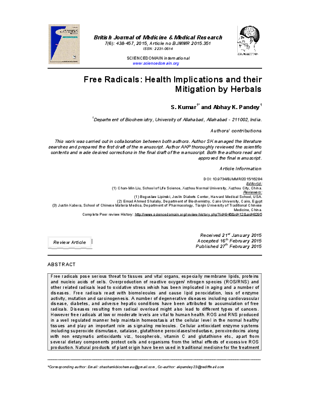 (PDF) Free Radicals: Health Implications and their Mitigation by Herbals