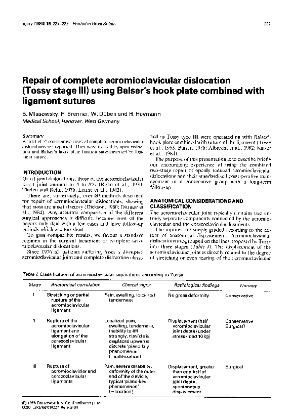 (PDF) Repair of complete acromioclavicular dislocation (Tossy stage III ...