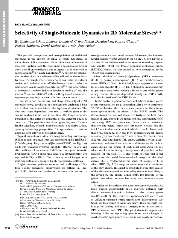 (PDF) Selectivity of Single-Molecule Dynamics in 2D Molecular Sieves