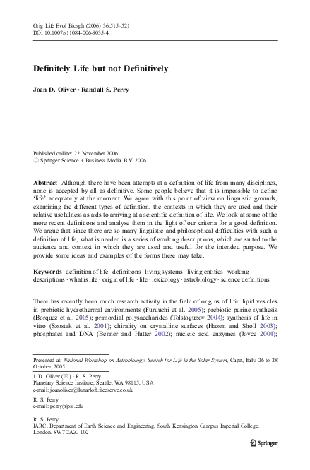 (PDF) Definitely Life but not Definitively